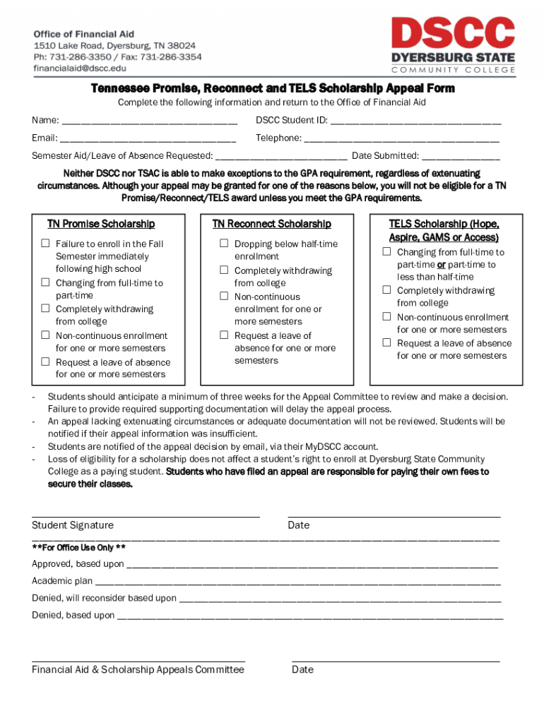 Fillable Online Get the free Tennessee Promise, Reconnect and TELS ...