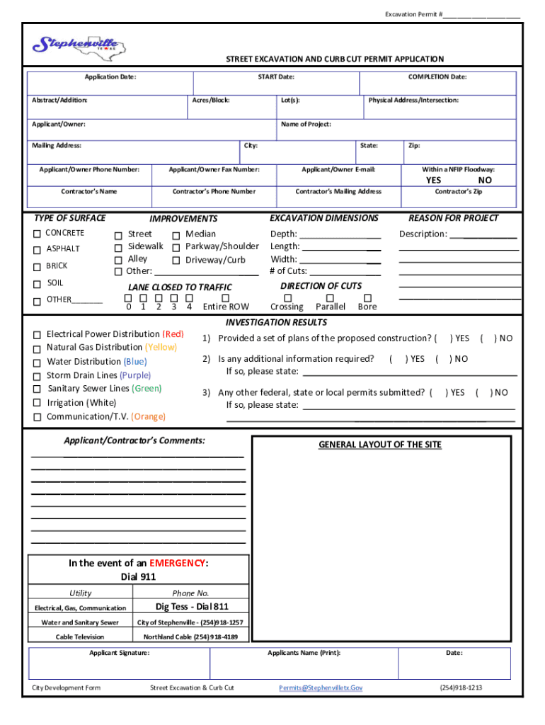 Fillable Online STREET EXCAVATION AND CURB CUT PERMIT APPLICATION I Fax ...