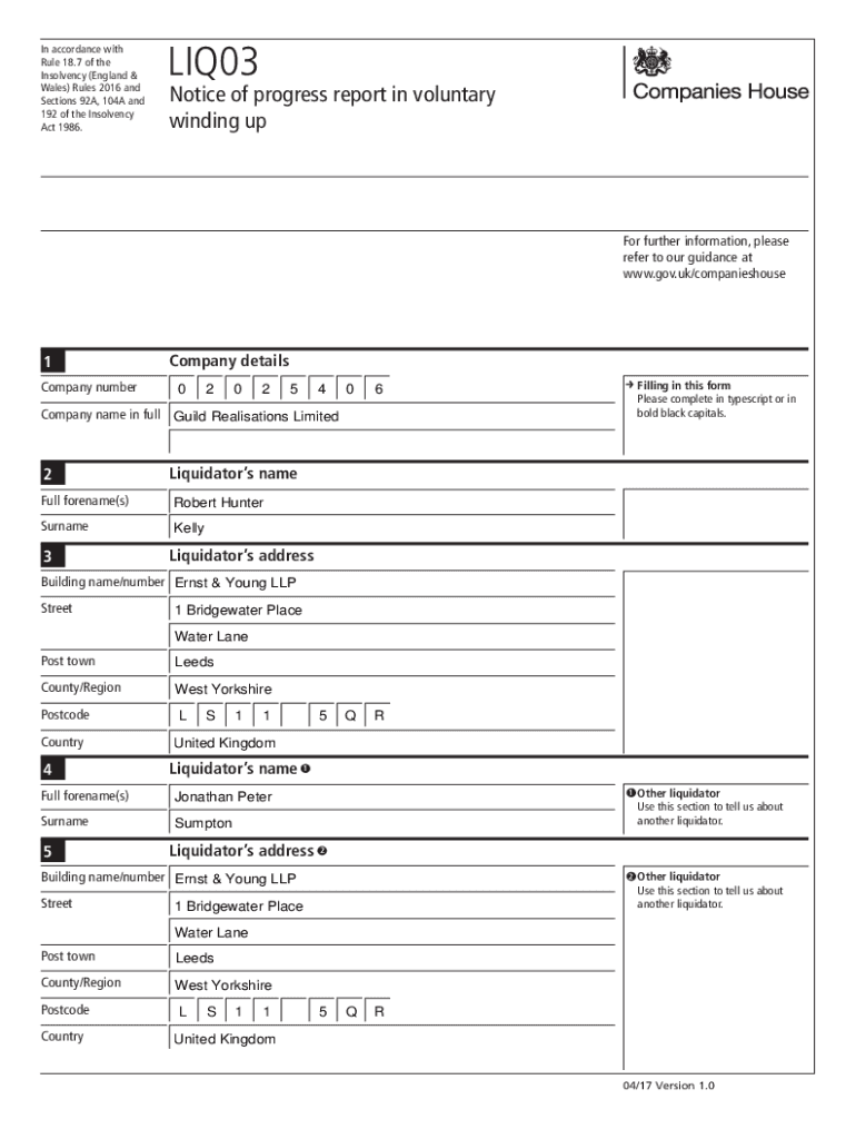 Fillable Online LIQ03 Notice of progress report in voluntary winding up ...