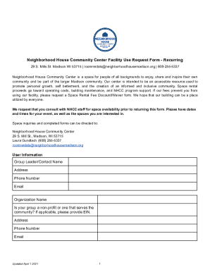 Fillable Online Neighborhood House Community Center Facility Use Request Form - Recurring 4.2021 ...