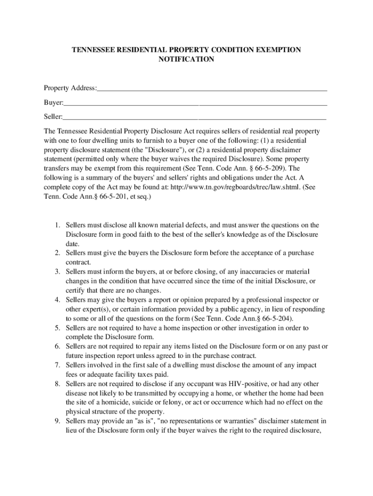 Fillable Online Tennessee Residential Property Condition Exemption ...