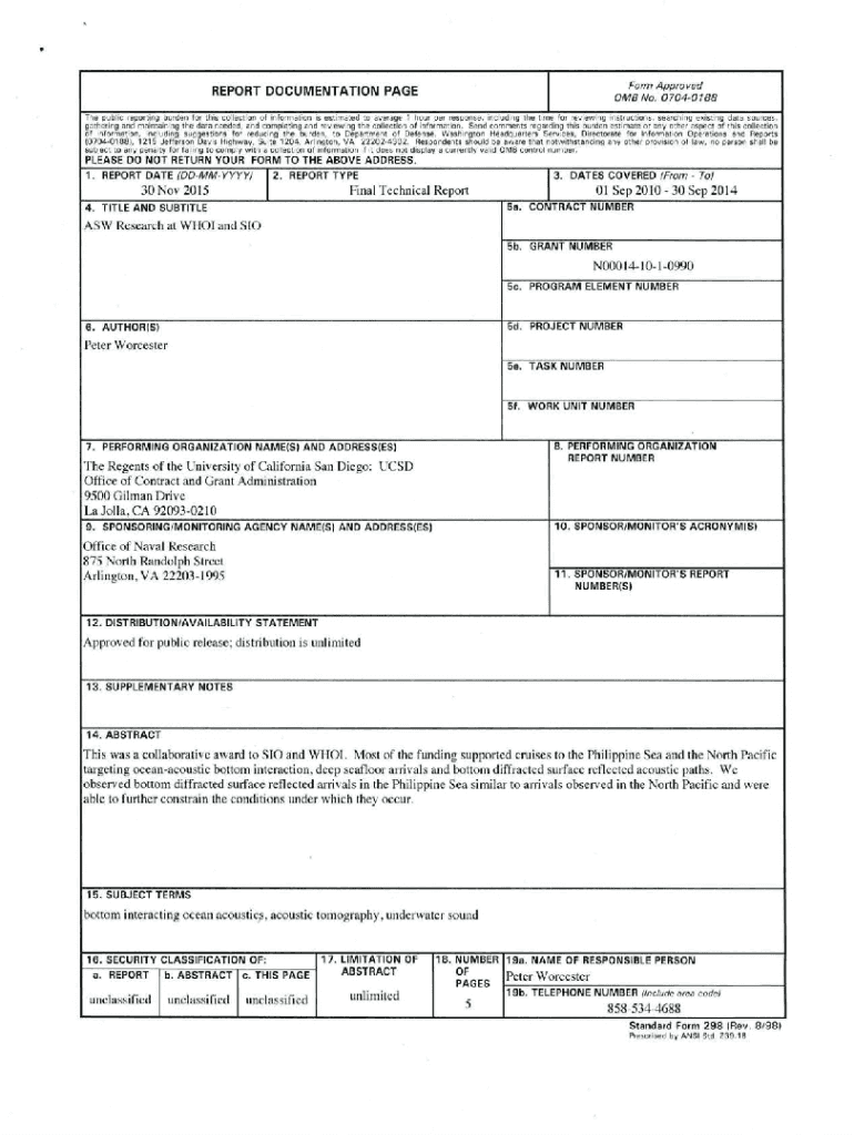 Fillable Online REPORT DOCUMENTATION PAGE Form Approved ASW Research at ...
