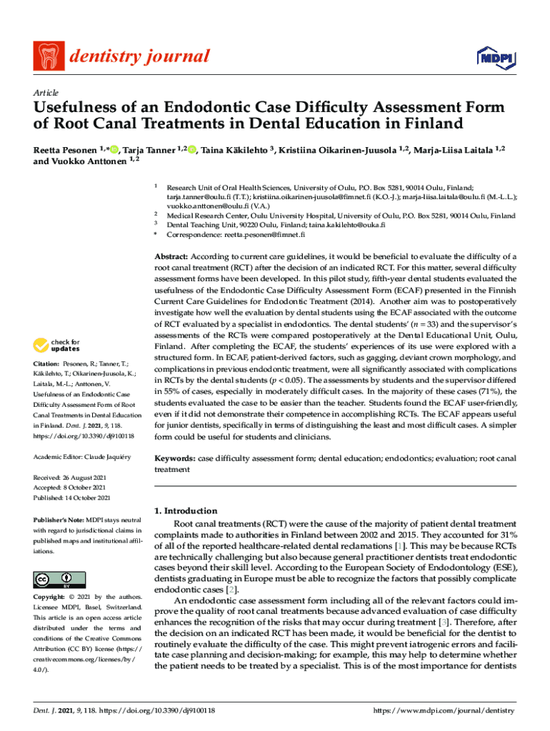 Fillable Online Usefulness of an Endodontic Case Difficulty Assessment ...