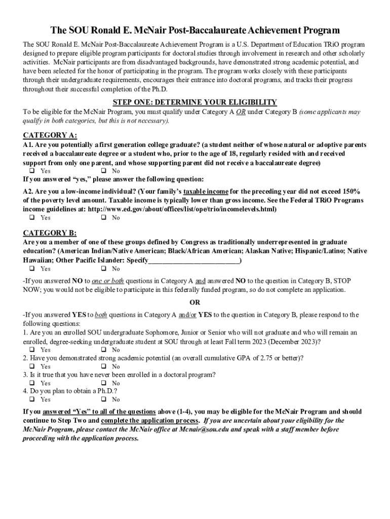 Fillable Online inside sou The SOU Ronald E. McNair Post -Baccalaureate ...