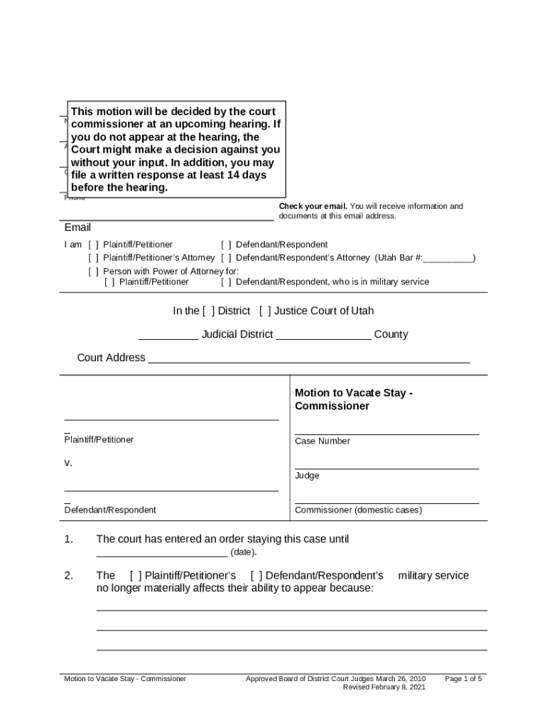 Motion to Vacate Stay - Commissioner Doc Template | pdfFiller