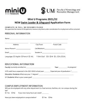 Fillable Online Mini U Programs 2021/22 NEW Swim Leader & Lifeguard ...