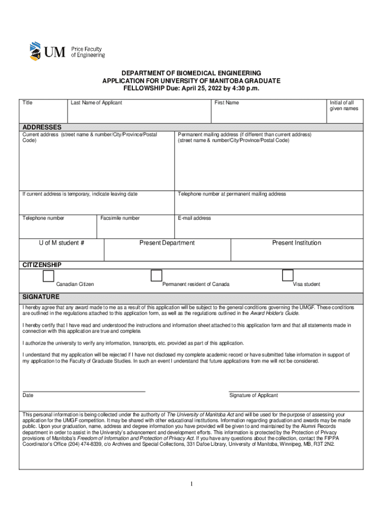 Fillable Online DEPARTMENT OF BIOMEDICAL ENGINEERING APPLICATION FOR UNIVERSITY OF ... Fax Email ...
