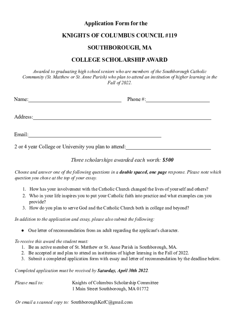 Fillable Online Application Form for the KNIGHTS OF COLUMBUS COUNCIL ...