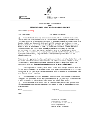 STATEMENT OF ACCEPTANCE AND DECLARATION OF IMPARTIALITY AND ... - WIPO Doc Template | pdfFiller