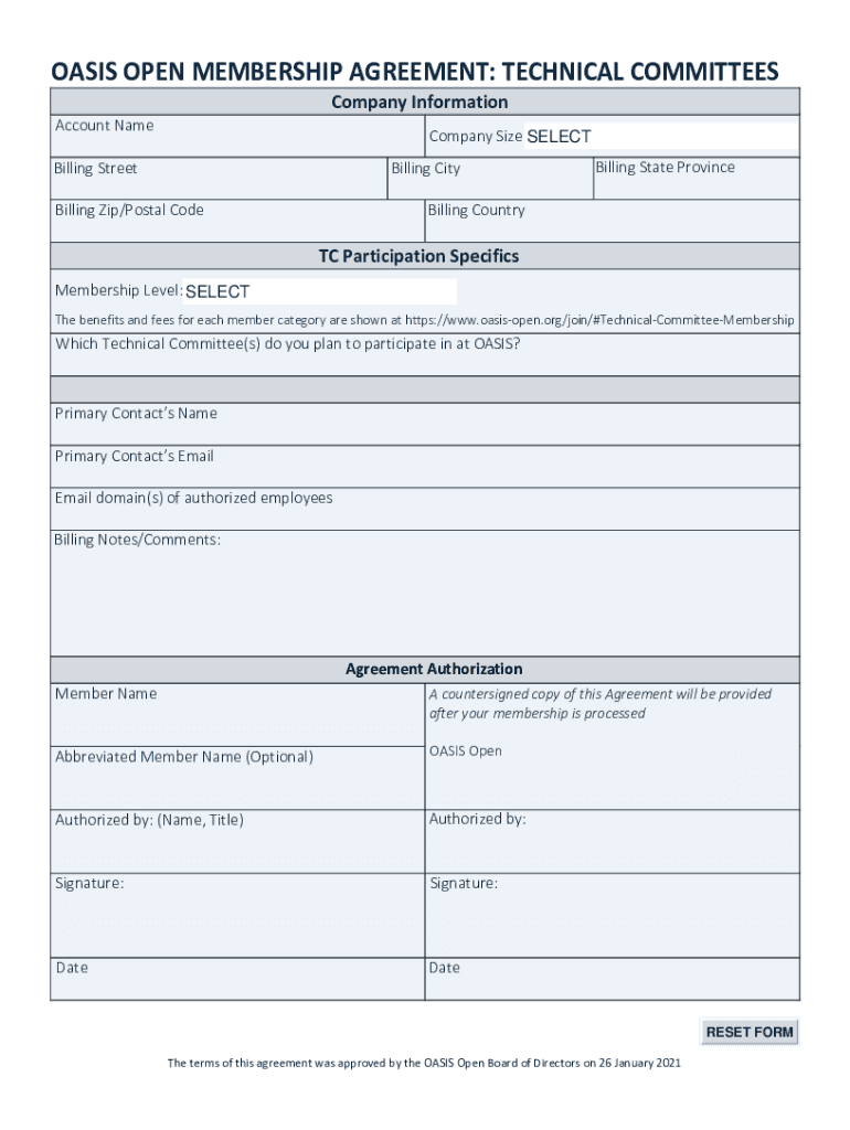 Fillable Online OASIS Membership Agreement: Technical Committees - OASIS Open Fax Email Print ...