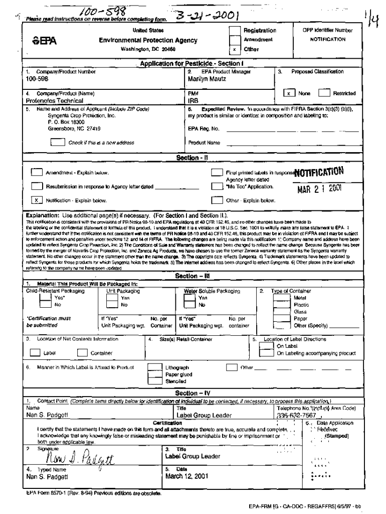 Fillable Online U.S. EPA, Pesticide Product Label, PROFENOFOS TECHNICAL ...