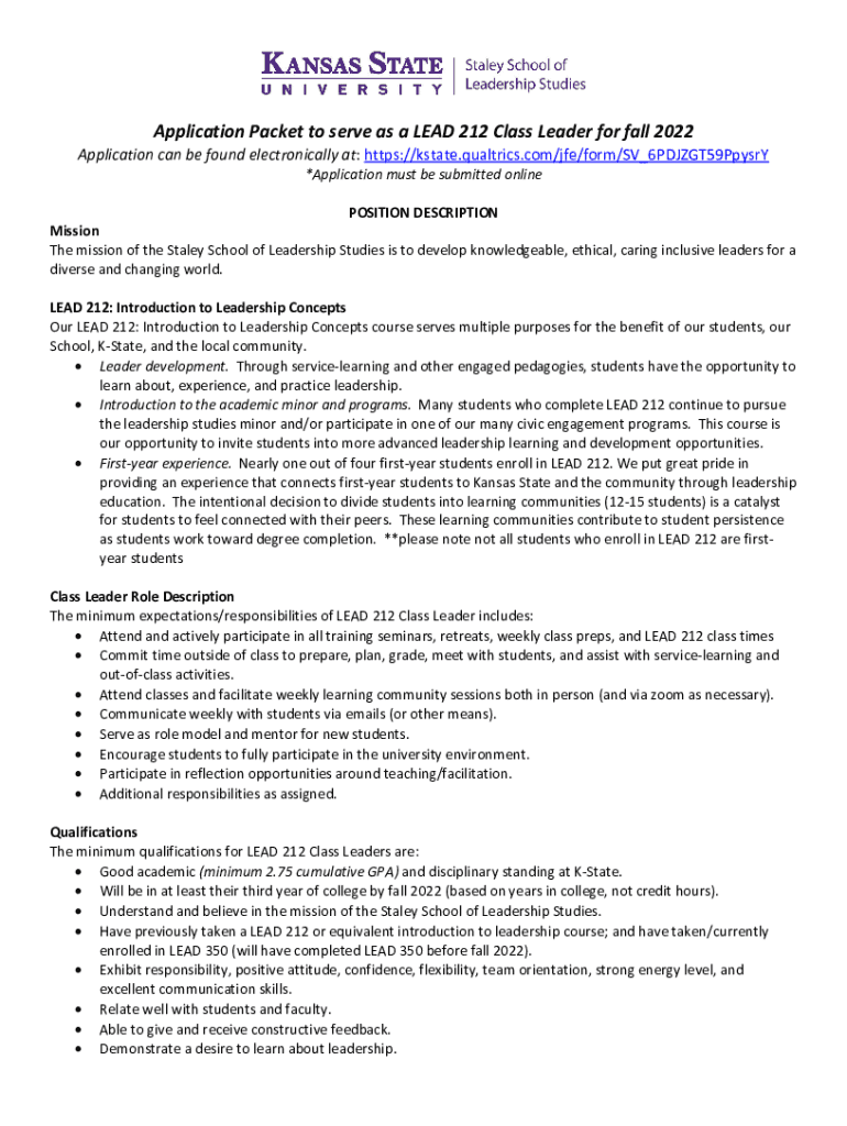 Fillable Online Application Packet to serve as a LEAD 212 Class Leader ...