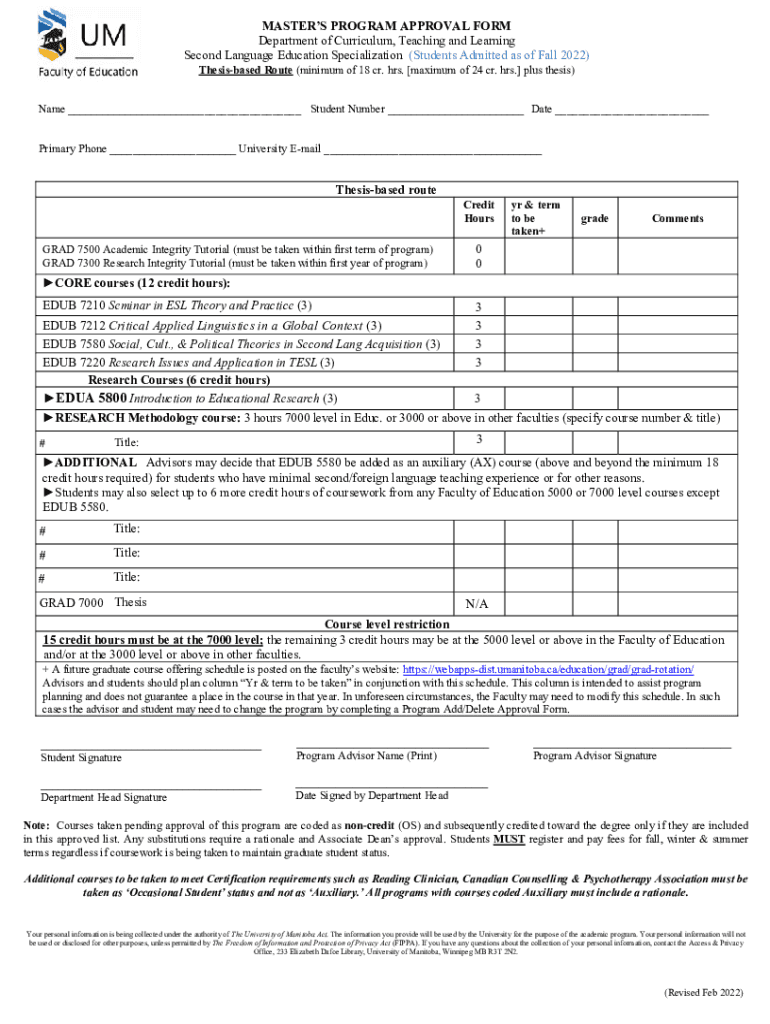 Fillable Online MASTERS PROGRAM APPROVAL FORM - umanitoba.ca Fax Email Print - pdfFiller