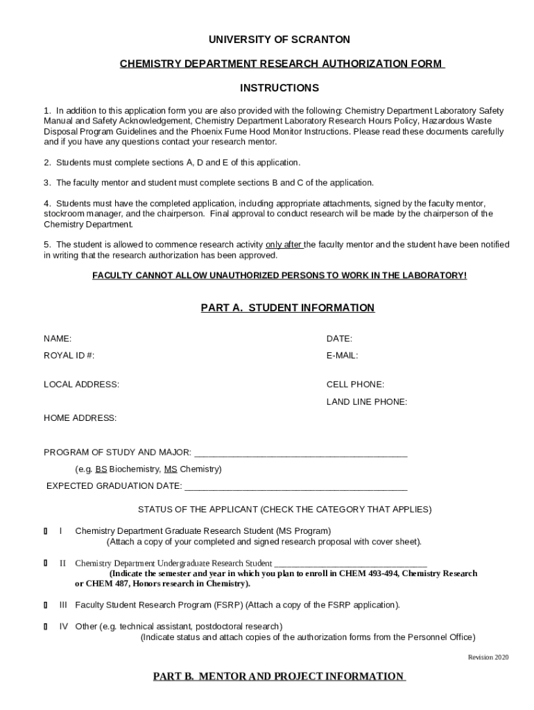 UNIVERSITY OF SCRANTON CHEMISTRY DEPARTMENT RESEARCH AUTHORIZATION ...