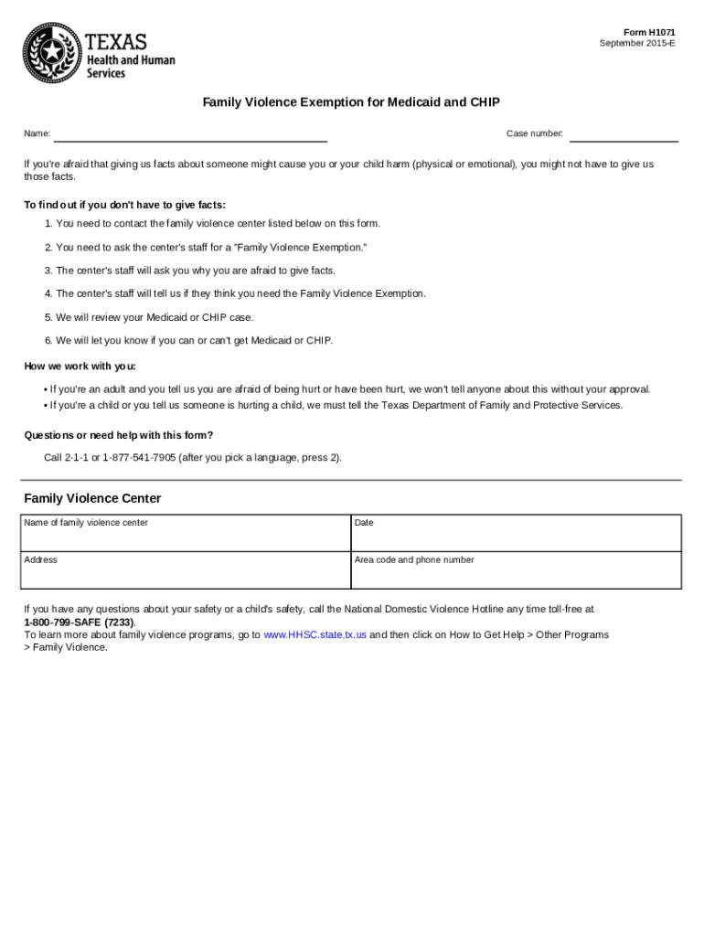 Fillable Online Family Violence Exemption for Medicaid and CHIP. Form ...