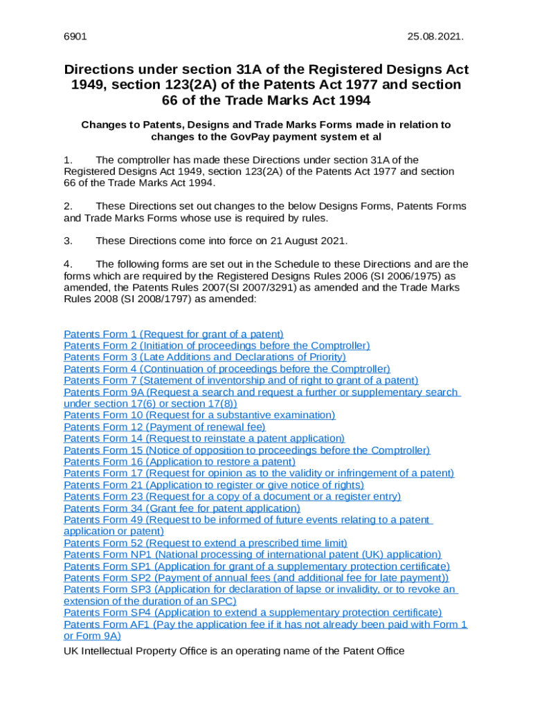 Directions under Section 31A of the Registered Designs Act 1949 ... Doc Template | pdfFiller