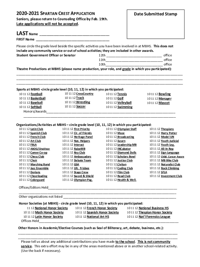 Fillable Online Seniors: Spartan Crest Application Now Available Fax ...