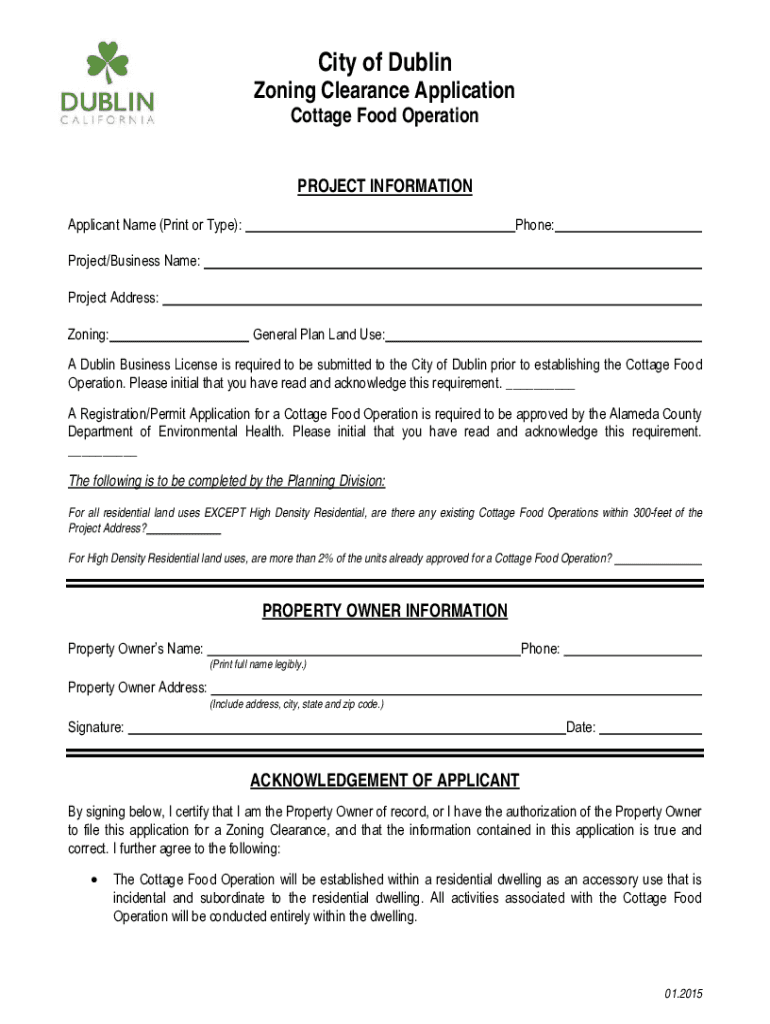 Fillable Online City of Dublin - Zoning Clearance Application - Cottage Food ... Fax Email Print ...