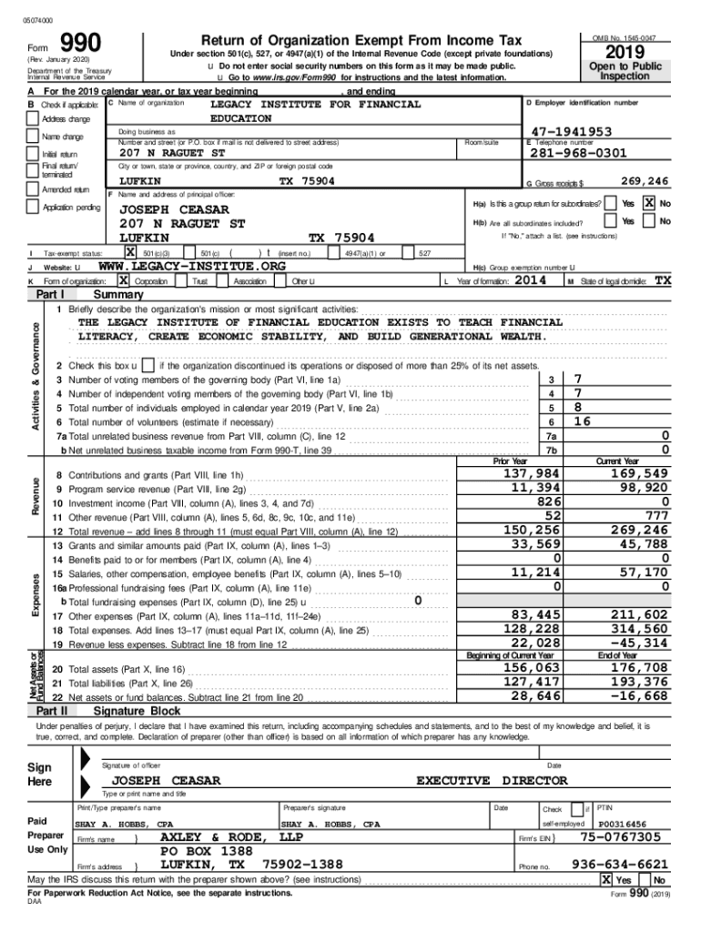 Fillable Online 990 Return of Organization Exempt From Income Tax 2019 ...