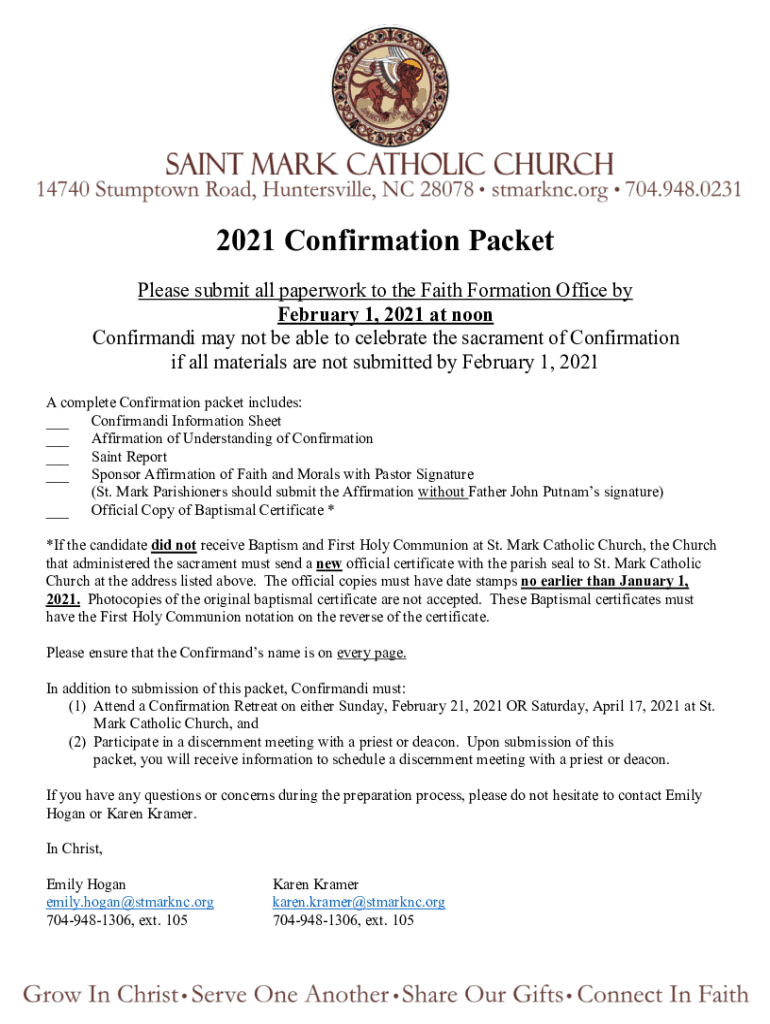 Fillable Online of Confirmation The Sacrament - St. Benedict Catholic ...