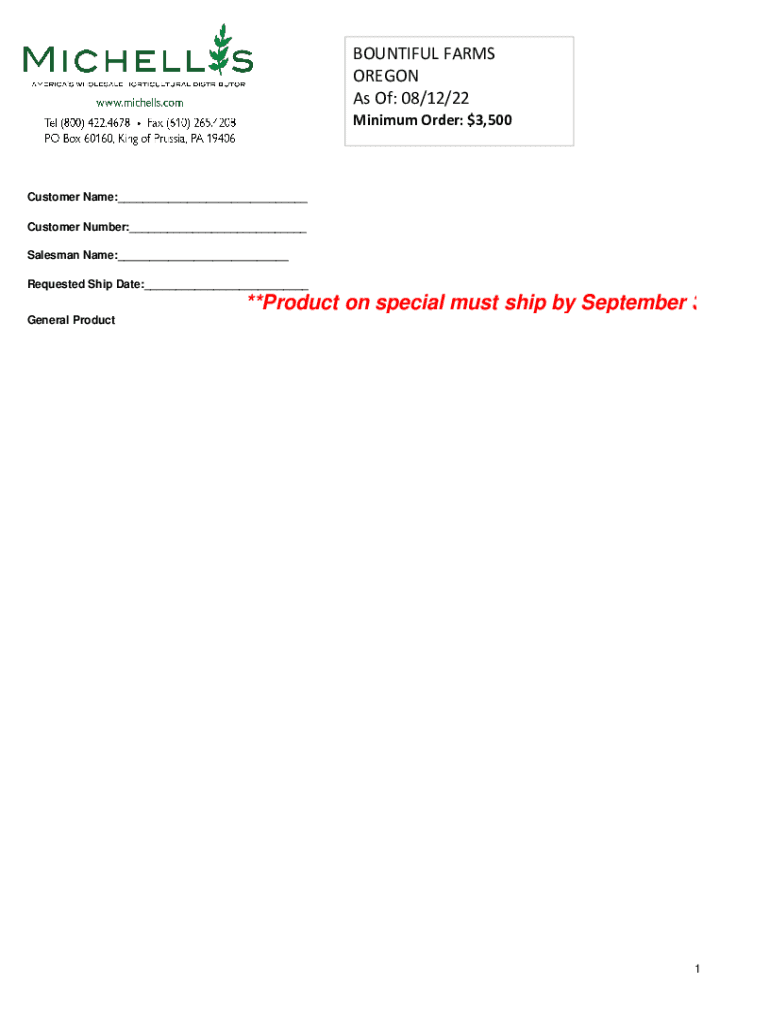 Fillable Online **Product on special must ship by September 30, Fax ...