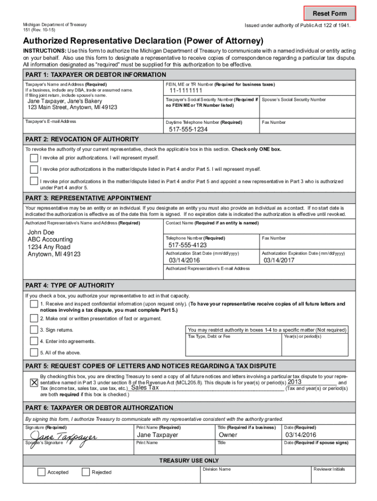 Fillable Online 151, Authorized Representative Declaration (Power of ...