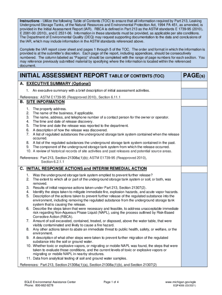 Fillable Online Initial Assessment Report Table of Contents Form - Michigan Fax Email Print ...