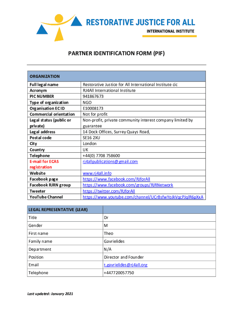 Fillable Online Partner Identification Form (PIF) - SALTO-YOUTH Fax ...