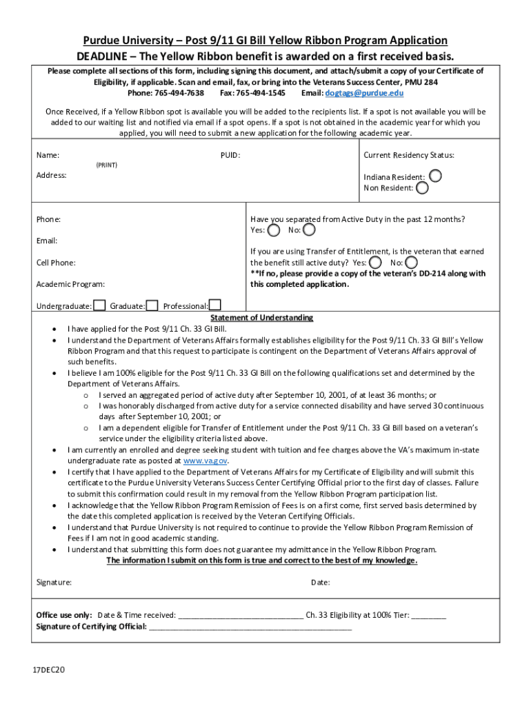 Fillable Online Purdue University Post 9/11 GI Bill Yellow Ribbon Fact ...