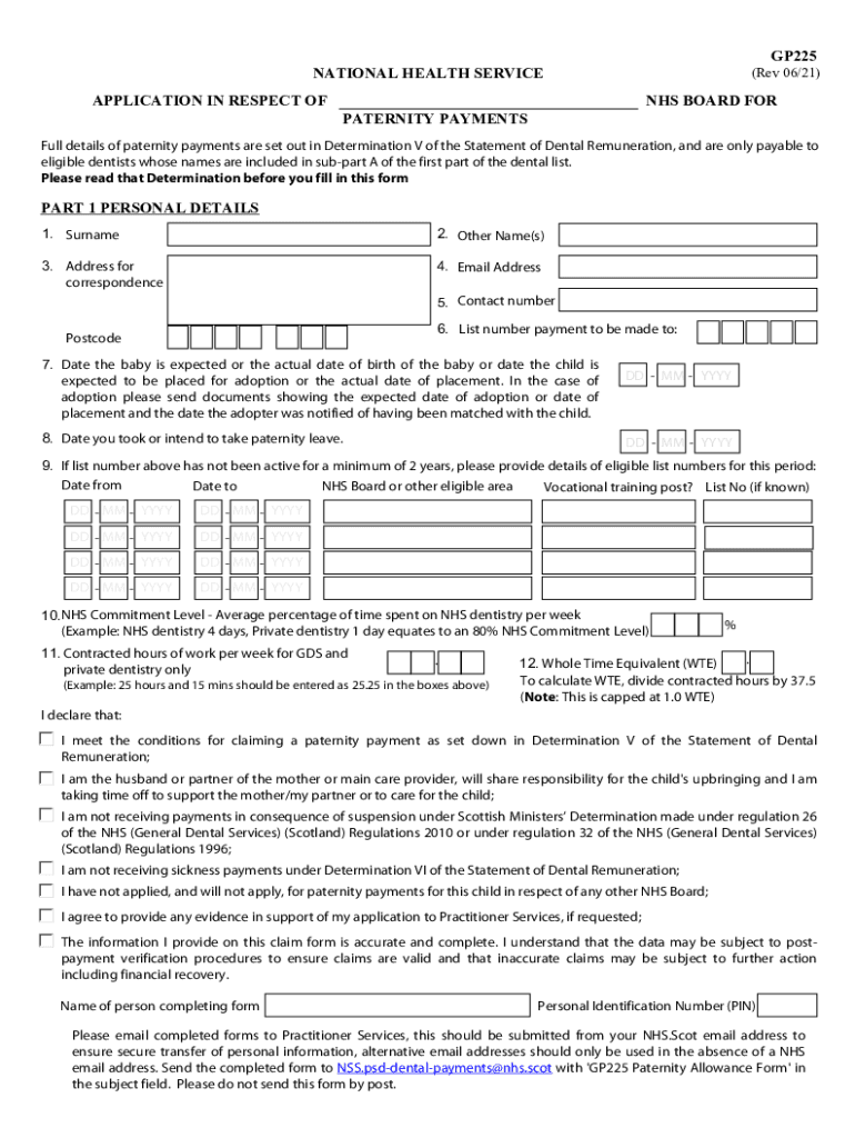 Fillable Online NATIONAL HEALTH SERVICE - GP225. Paternity Payment form ...