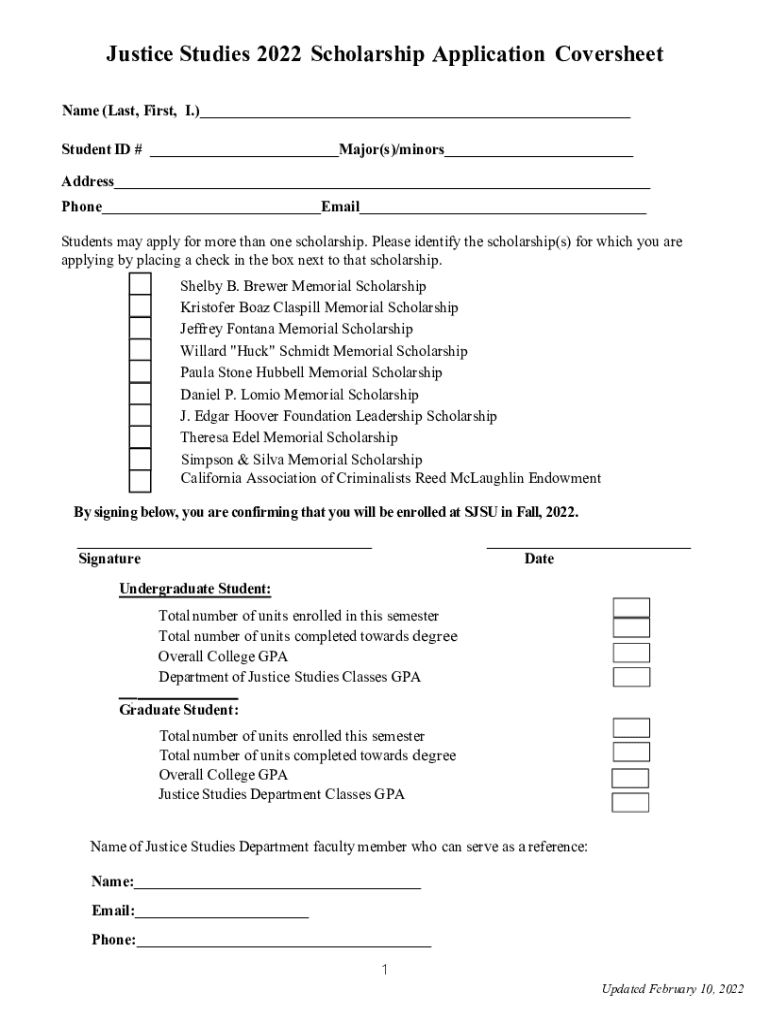 Fillable Online Justice Studies 2022 Scholarship Application Coversheet Fax Email Print - pdfFiller