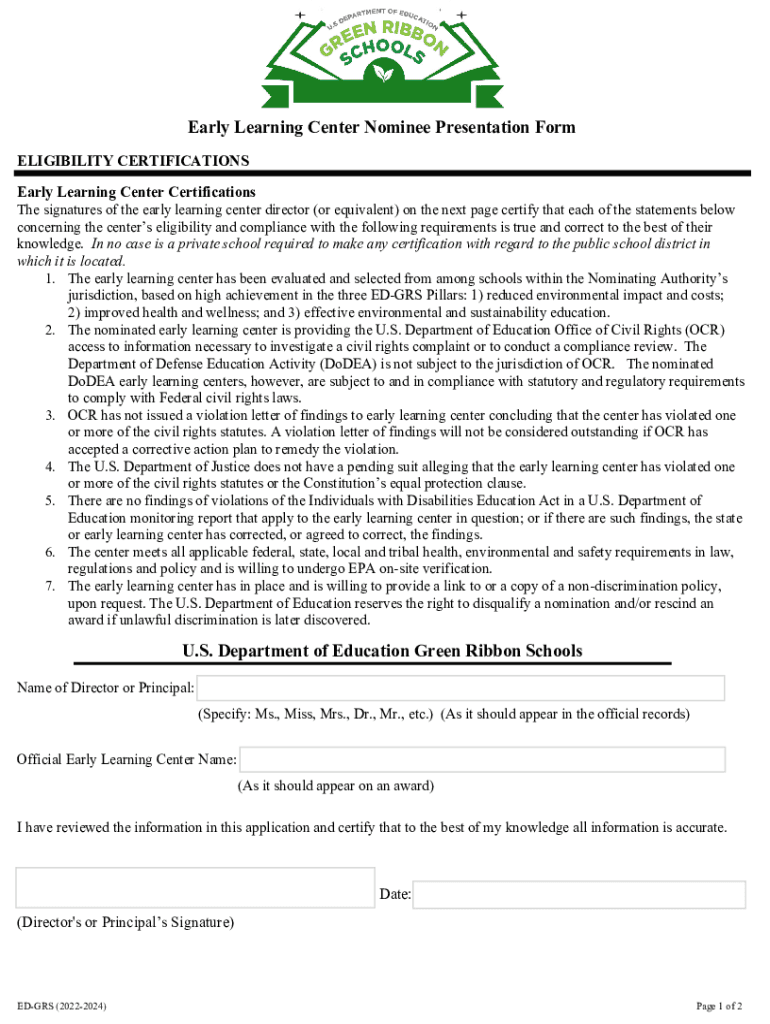 Fillable Online www2 ed Early Learning Center Nominee Presentation Form ...
