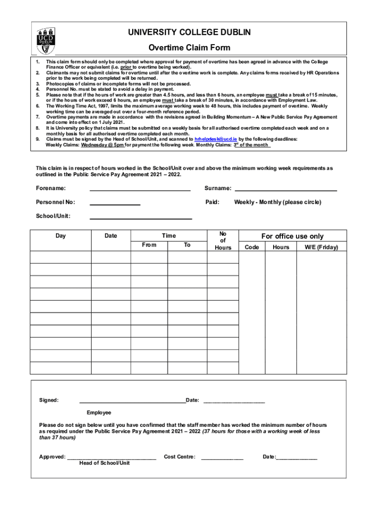 Fillable Online www.pdffiller.com36937982-Overtime20Claim20Overtime ...
