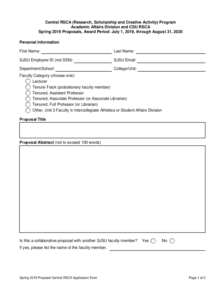 Fillable Online Spring 2019 Proposal Central RSCA Application Form Fax ...