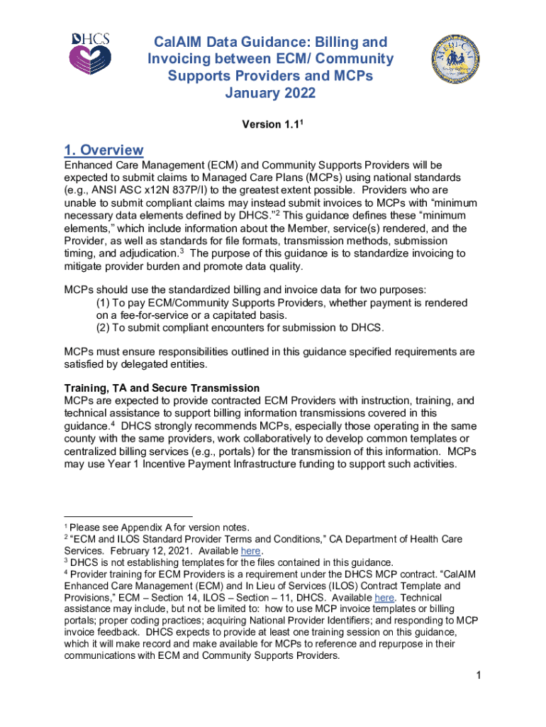 Fillable Online CalAIM Data Guidance: Billing and Invoicing between ECM ...