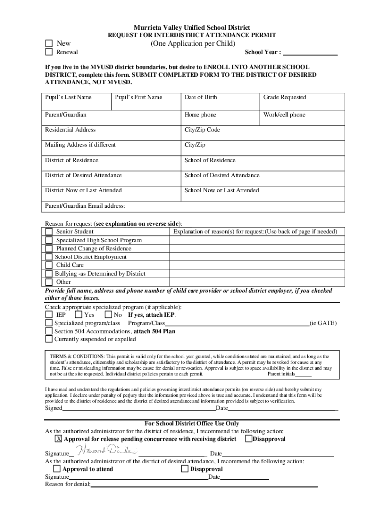 Fillable Online Murrieta Valley Unified School District REQUEST FOR ...