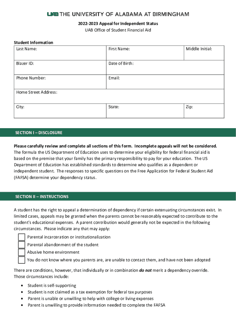 Fillable Online 2022-2023 Appeal for Independent Status UAB Office of ...