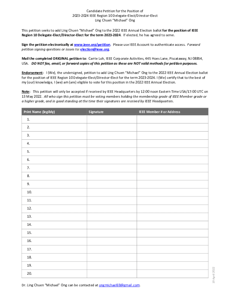 Fillable Online 2022 IEEE Annual Election. R10 Petition Form - Ling ...