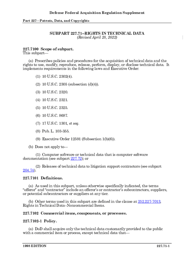Fillable Online SUBPART 227.71--RIGHTS IN TECHNICAL DATA 227.7100 Scope ...
