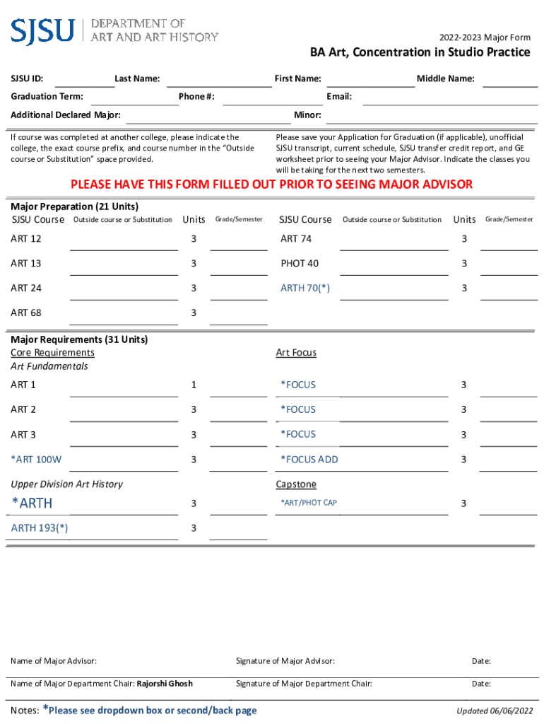 Fillable Online 2022-2023 Major Form BA Art, Concentration in Studio ...