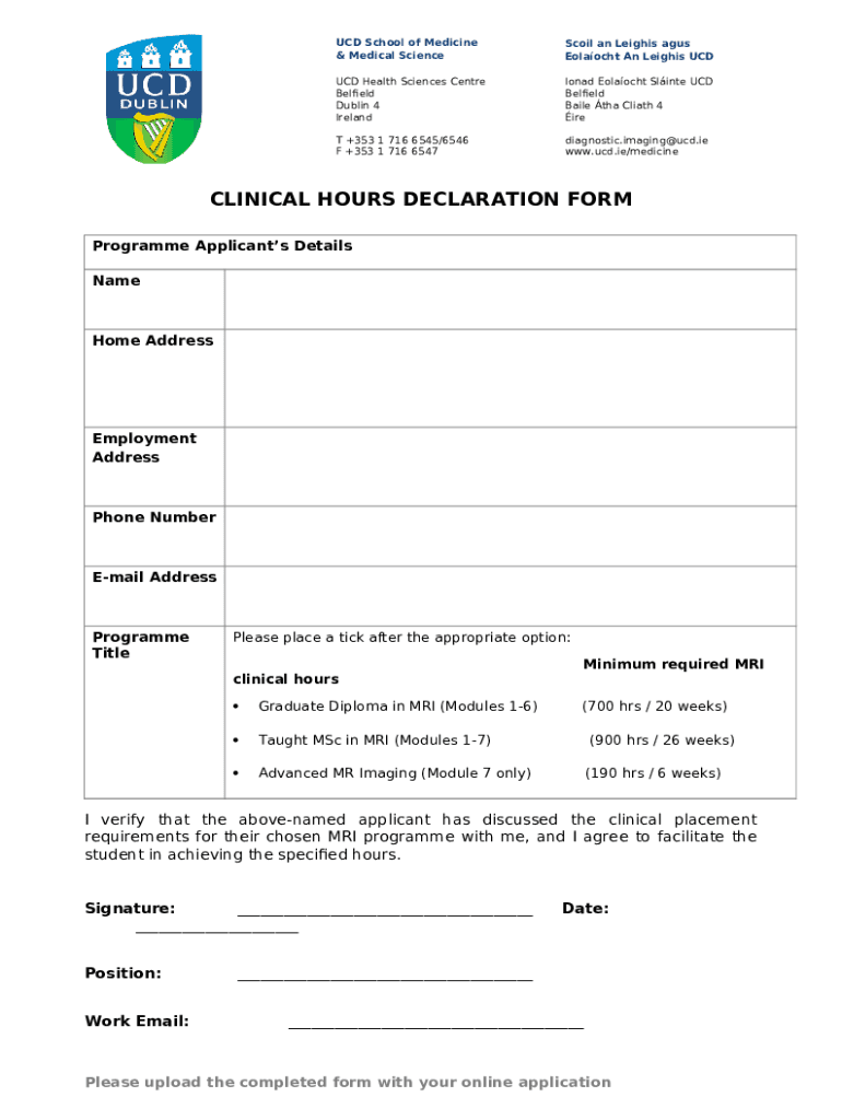 CLINICAL HOURS DECLARATION - University College Dublin Doc Template ...
