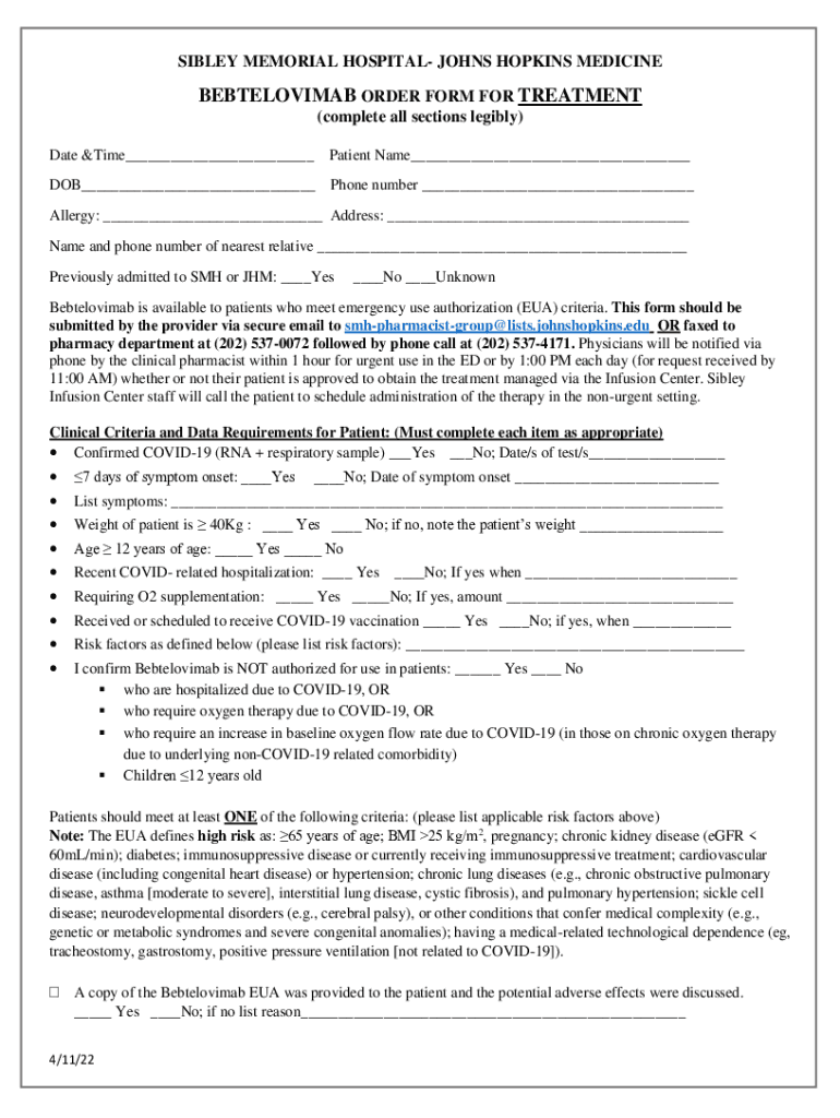 Fillable Online www.hopkinsmedicine.orgcoronavirusBebtelovimabBEBTELOVIMAB ORDER FORM FOR ...