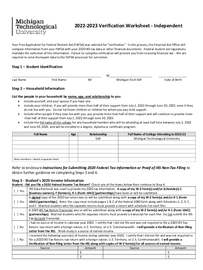 Fillable Online 20222023 Verification Worksheet Independent StudentV4 - Wagner Fax Email Print ...