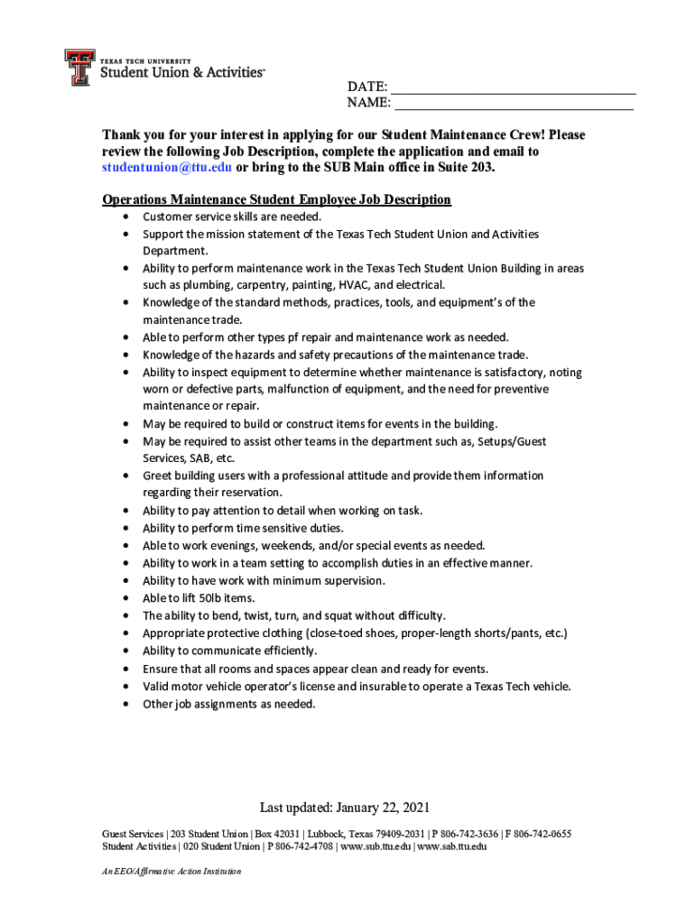 Fillable Online Student Union & Activities Application for Employment ...