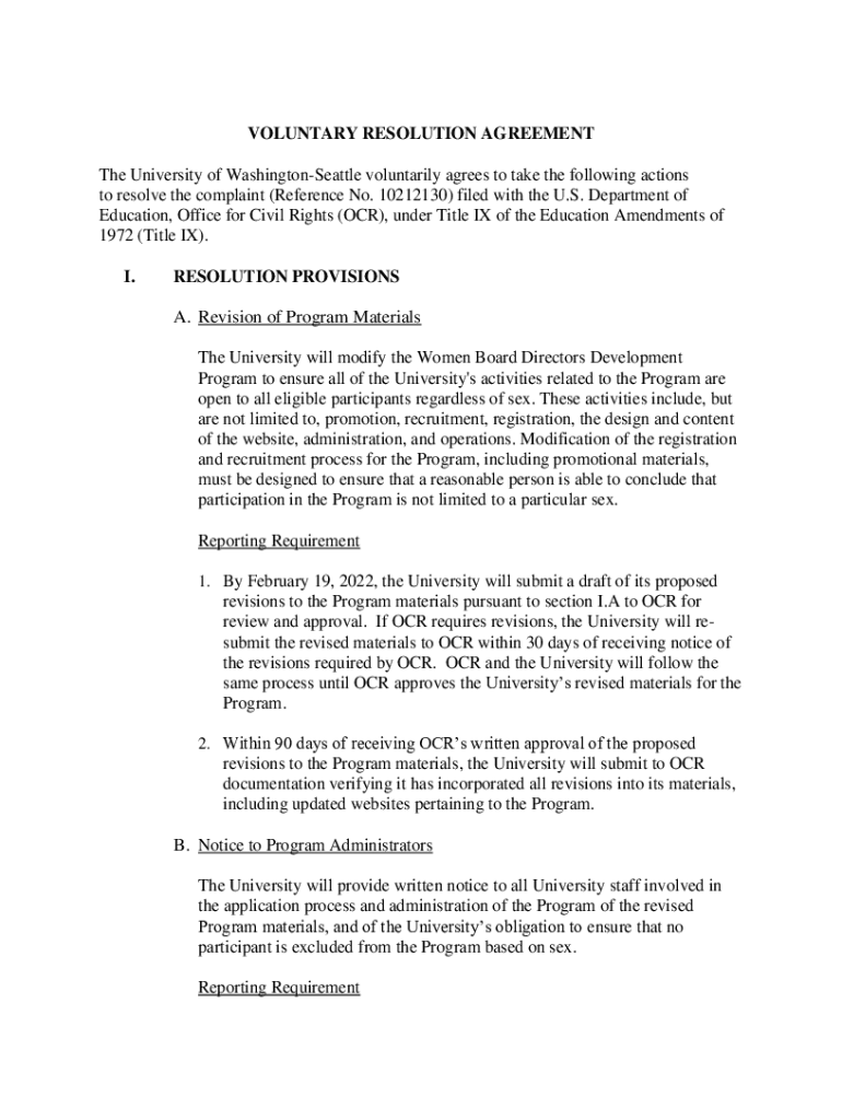 Fillable Online www2 ed VOLUNTARY RESOLUTION AGREEMENT I. RESOLUTION ...