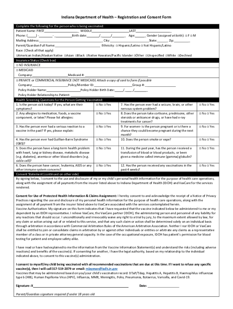 Fillable Online Indiana Department of HealthRegistration and Consent ...
