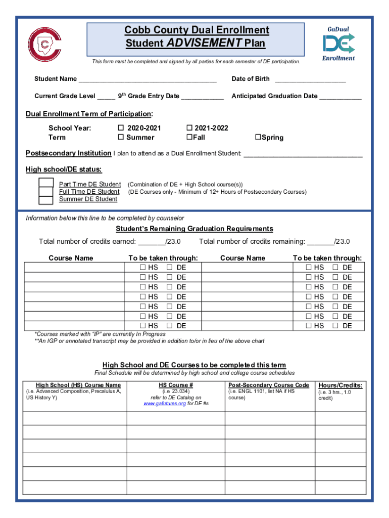 Fillable Online Cobb County Dual Enrollment Student ADVISEMENT Plan Fax ...