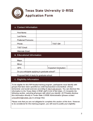Fillable Online Texas State University U-RISE Application Form Fax ...