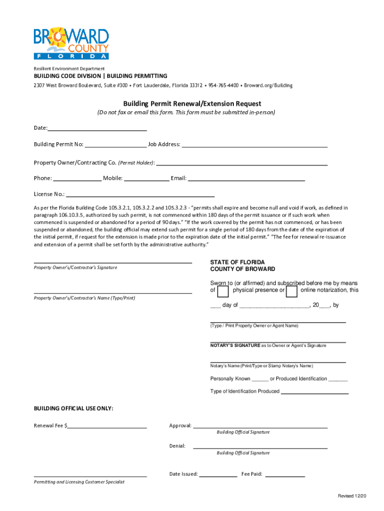 Fillable Online Building Permit Renewal/Extension Request - Broward ...