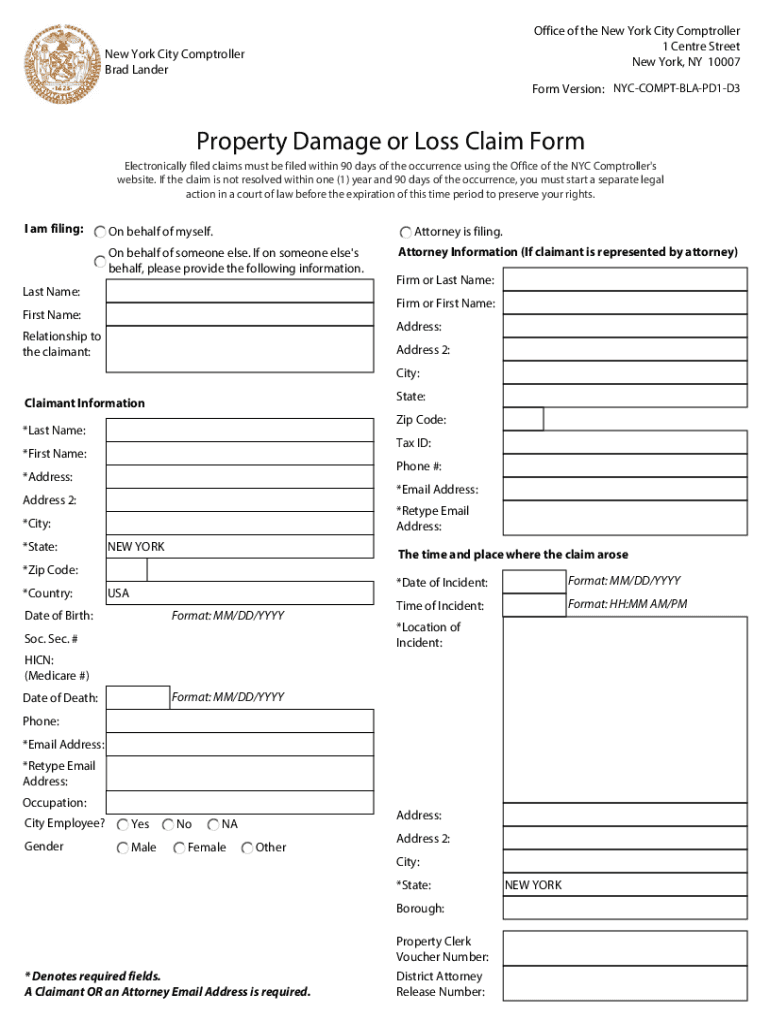 Fillable Online comptroller nyc Property Damage or Loss Claim Form - New York City Fax Email ...